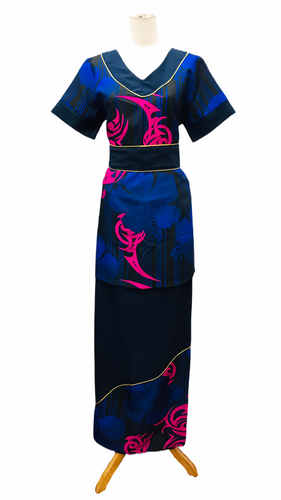 Puletasi Baby Waisted Style - Navy Blue with Pink Pattern | xufashion