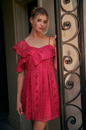 Antonia Fuschia Lace Asymmetrical Mini Dress | Lucilú Store