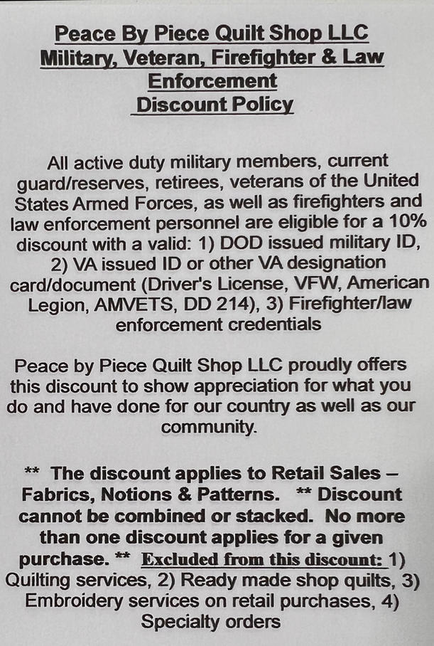Store Policies | Peace By Piece Quilt Shop