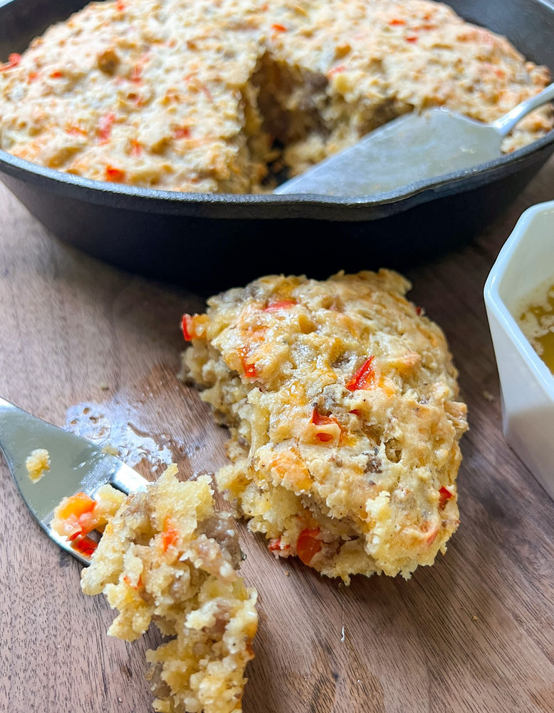 SAVORY BREAKFAST SKILLET CAKE with Golden Butter Syrup.