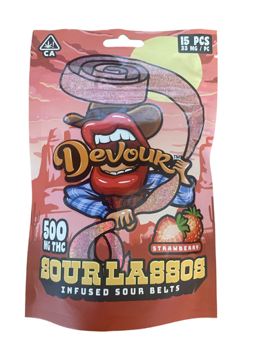 Devour Sour Lassos Strawberry 500mg thc | www.nunzclub.com