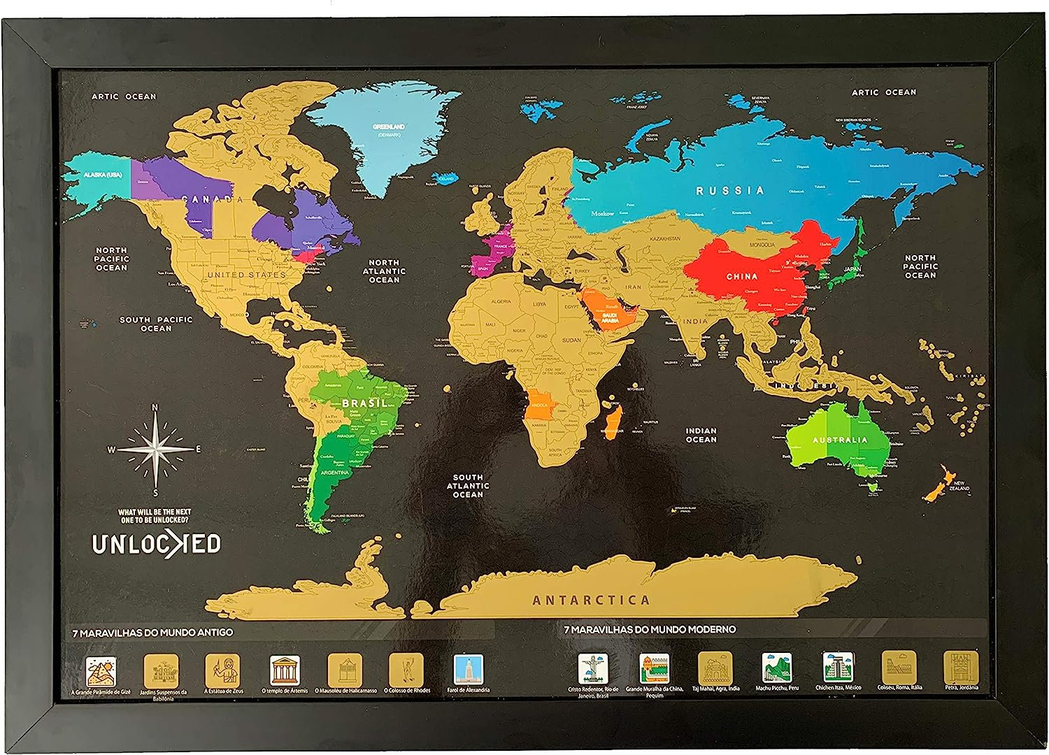 Mapa Mundi de Raspar 66x46 CM | Unlocked | Com moldura | Scratch off ...