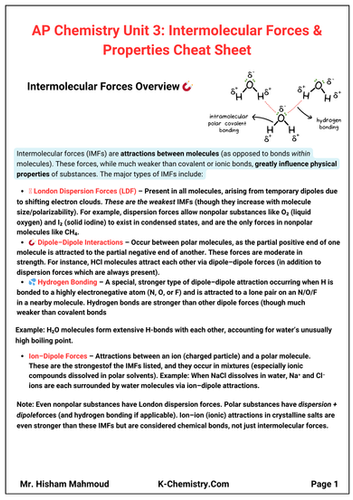 Unit 3 AP Chemistry Intermolecular Forces Cheat Sheet | K CHEMISTRY