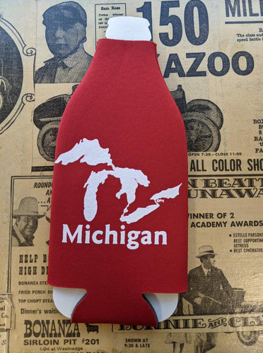 Michigan koozie in red | Spirit of Kalamazoo