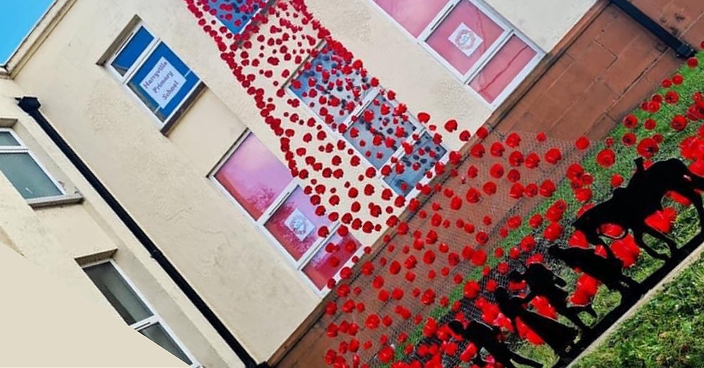 ‘Every Poppy Counts’ in poppy waterfall by Harryville Primary School pupils