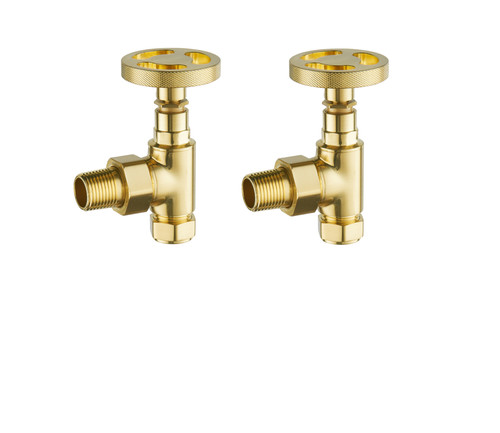 Maesteg Industrial Angled Rad Valves - Brushed Brass | Qualitybathrooms