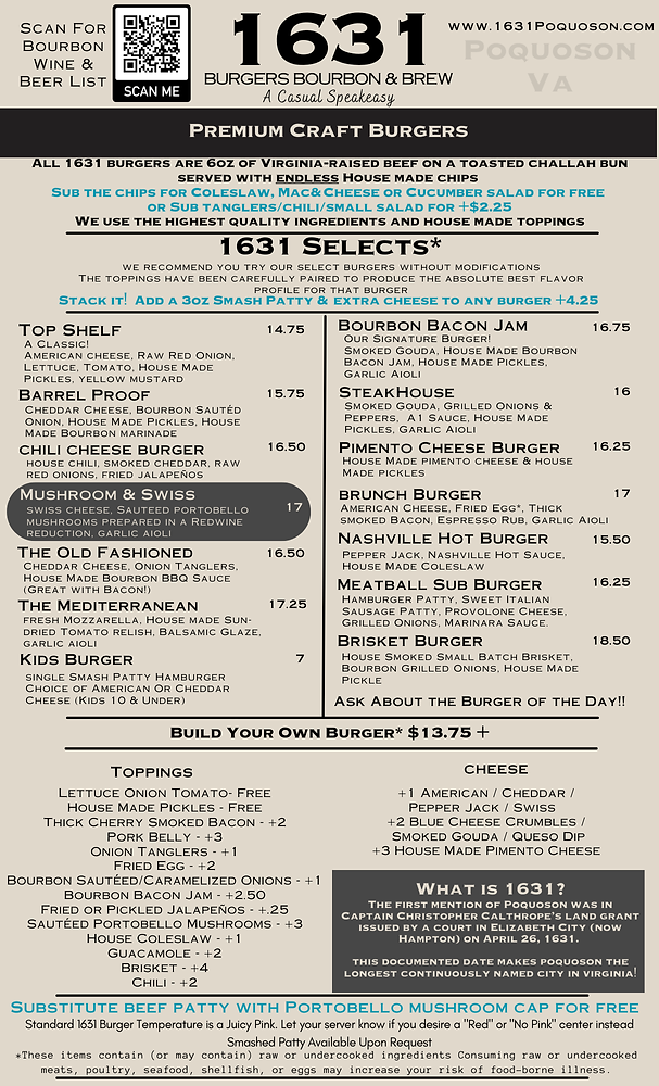 1631 Burgers Bourbon & Brew in Poquoson VA