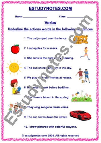 English Verbs - Underline The Action Words Worksheet 1 | Estudynotes