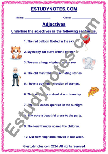 English Adjectives - Underline The Adjectives Worksheet 1 | Estudynotes