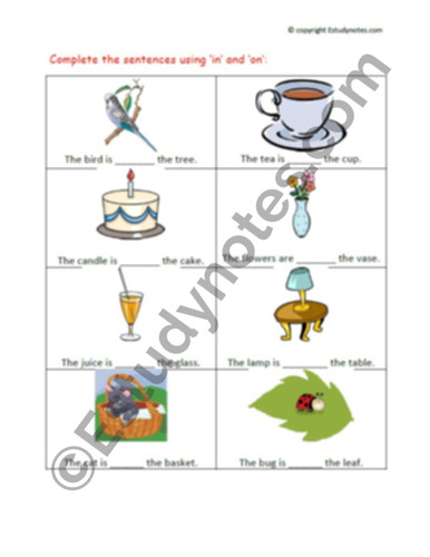 Senior KG English Complete the sentences using 'in' and 'on' Worksheets ...