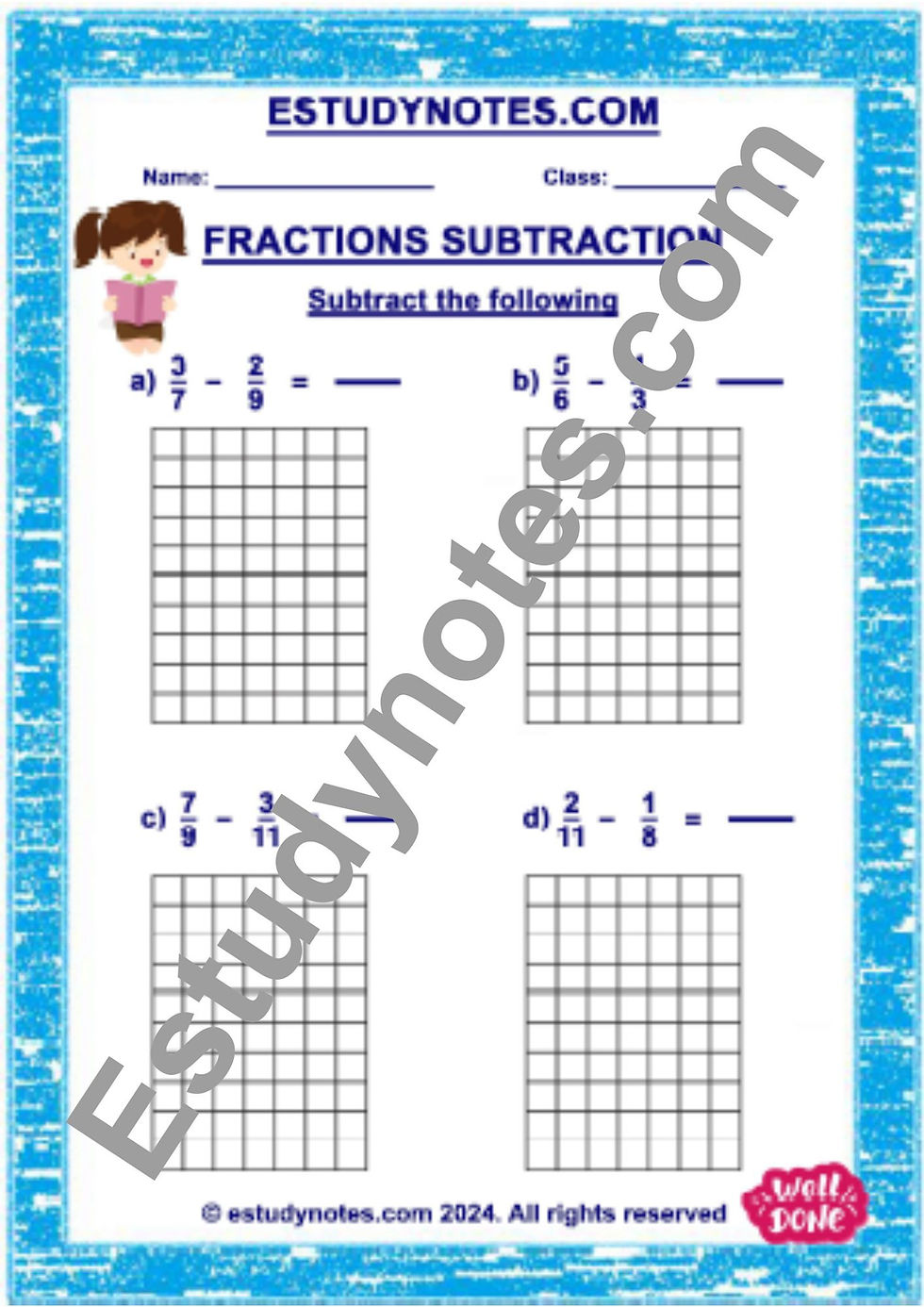 Maths Revision - Fractions Subtraction Worksheet 3 | Estudynotes