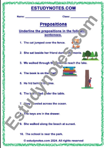 English Prepositions - Underline The Prepositions Worksheet 1 | Estudynotes
