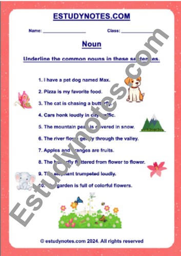 English Noun - Underline The Common Noun Worksheet 2 | Estudynotes