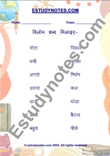 Hindi Vilom Shabd Milao Worksheet 1 | Estudynotes