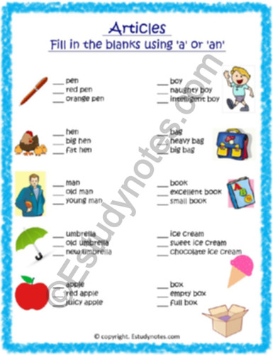 Grade 2 English Articles a or an Worksheets | Estudynotes