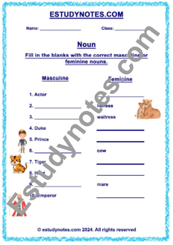 English Noun - Masculine Feminine Worksheet 1 | Estudynotes