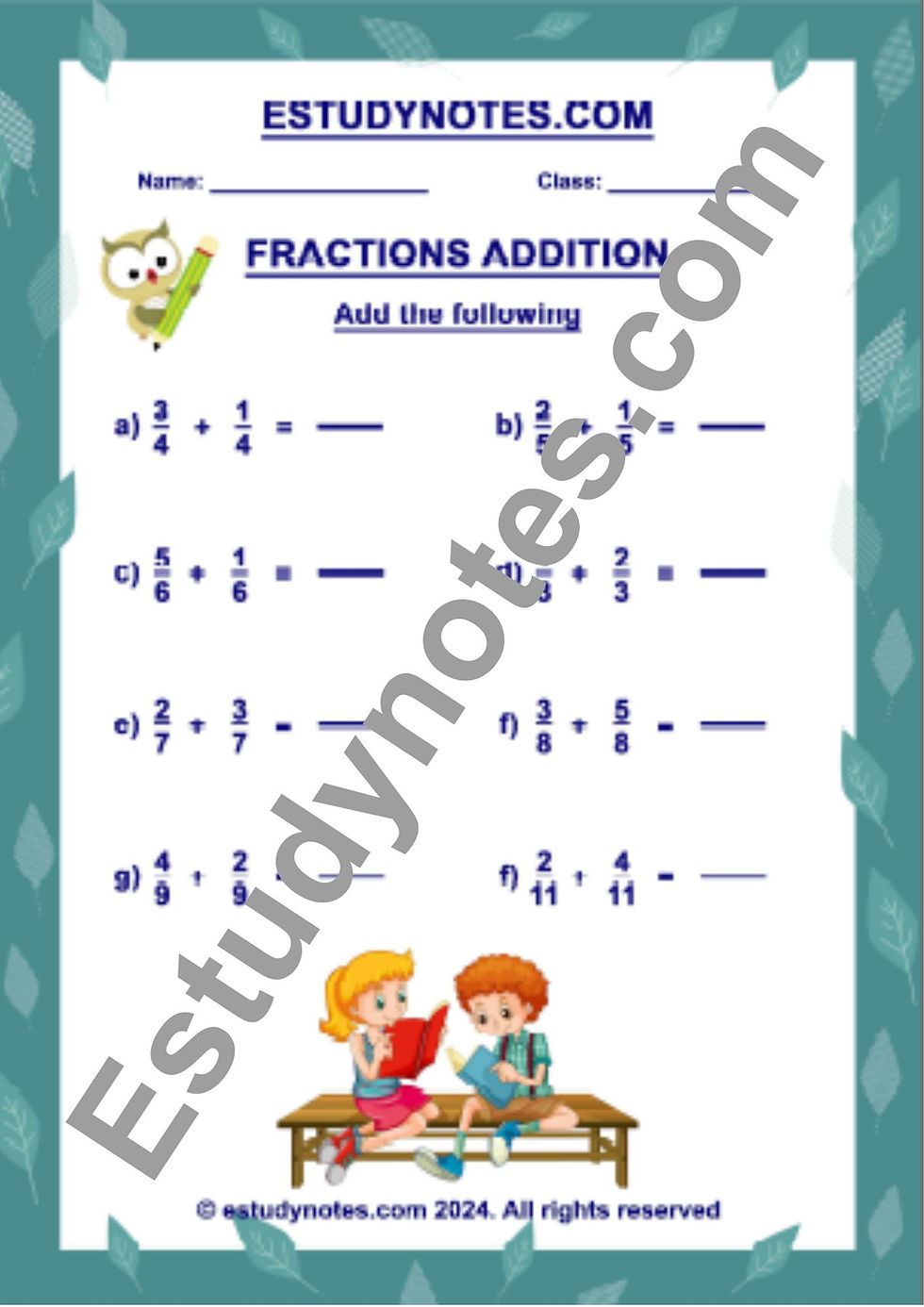 Maths Revision - Fractions Addition Worksheet 2 | Estudynotes