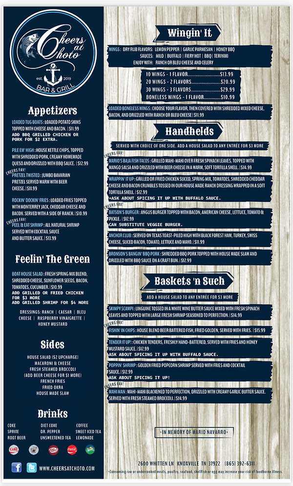 Menu | Cheers at Choto