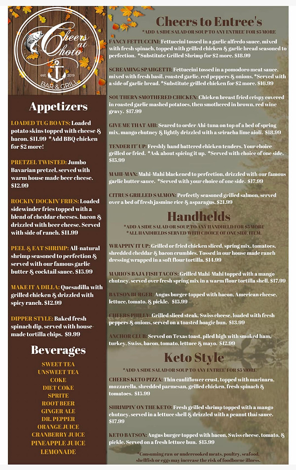Menu | Cheers at Choto