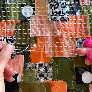 Patchwork Sashiko Method: Pulling the thread to create stitches