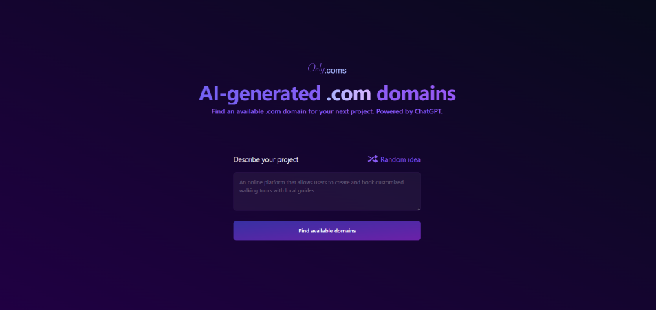 Onlycoms | AI-generated .com domains for your next project