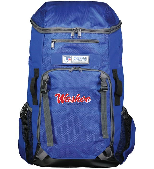 RUSSELL DIAMOND GEAR BACKPACK WITH WASHOE CURSIVE LOGO ON FRONT POCKET ...