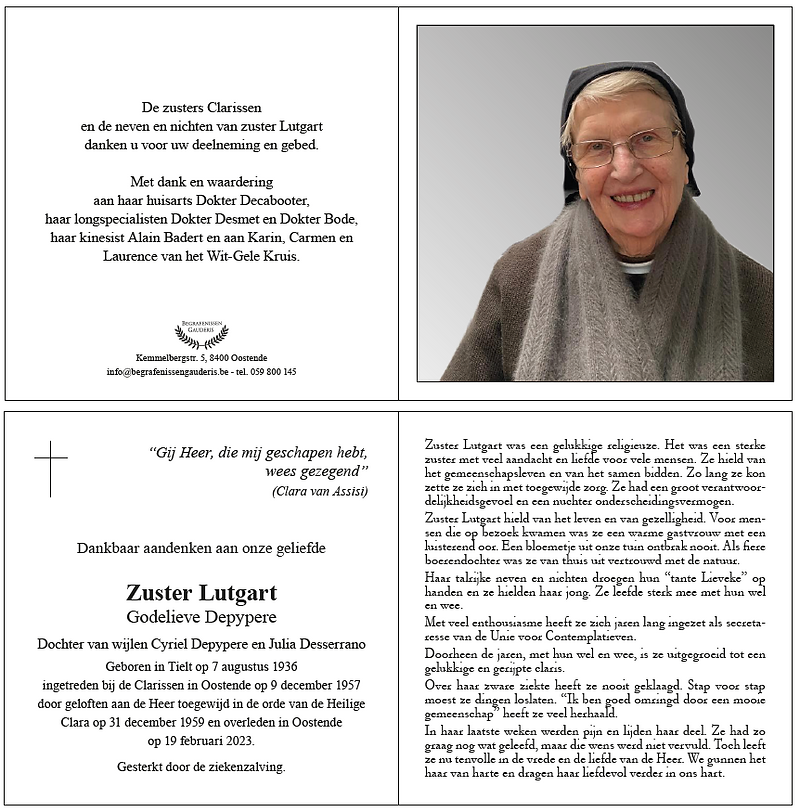 Zuster Lutgart - Godelieve Depypere | begrafenissengauderis