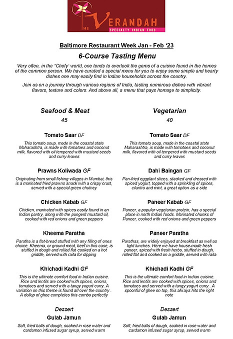 Restaurant Week Menu | The Verandah Kitchen