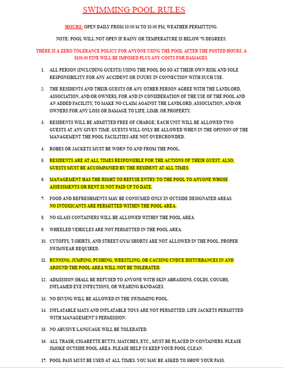 Pool Rules | Le Jardin Condos