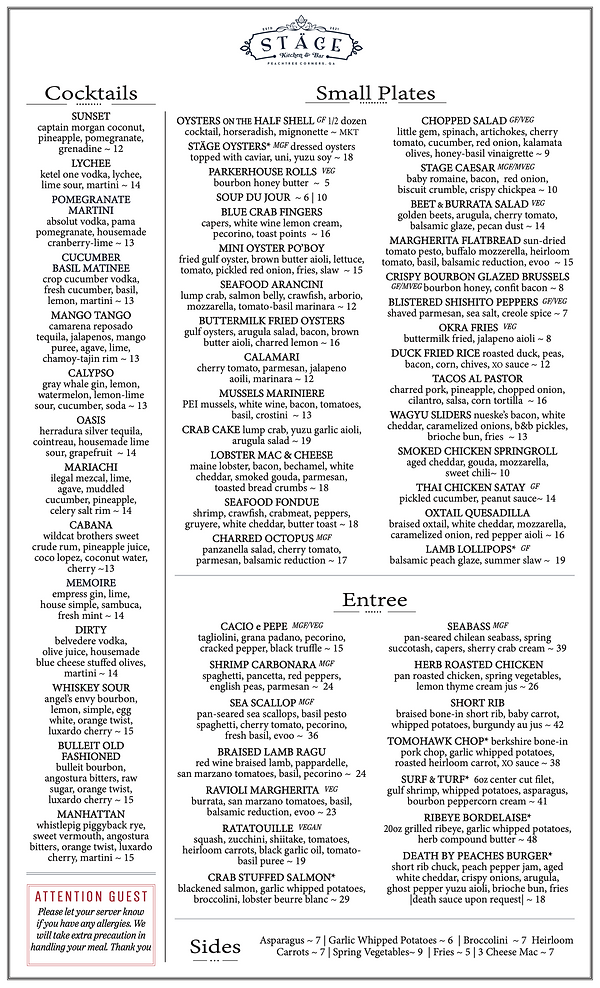 Menus | Stage Kitchen and Bar | Peachtree Corners