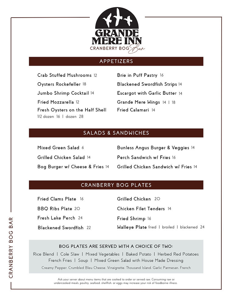 Cranberry Bog Bar Menu | Grande Mere Inn | Restaurant located in ...