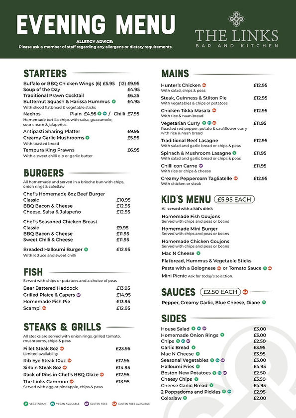 Evening Menu | The Links Bar And Ki