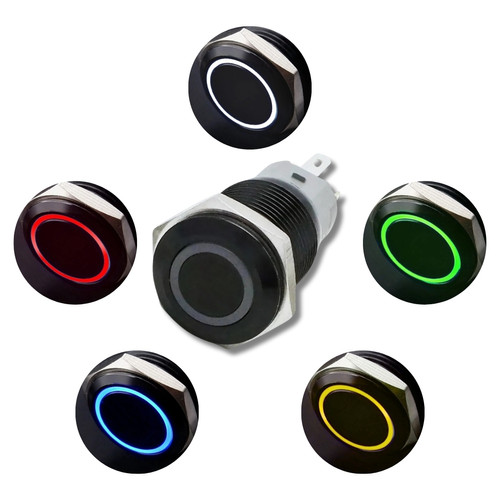 16mm pushbutton Black Body 5v-24v DC, Latching, no nc, SPST | RDR Store