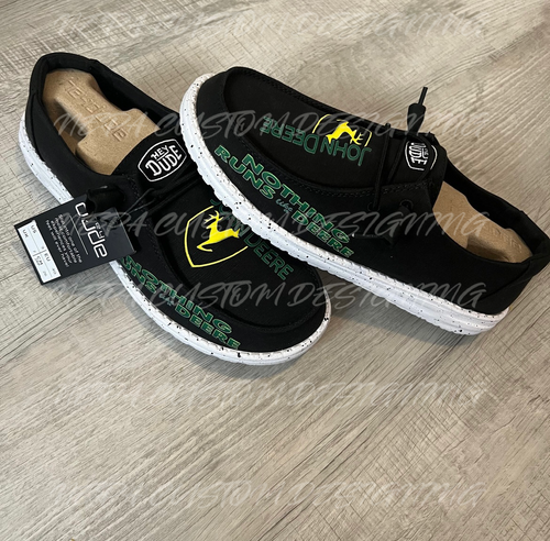 Custom DEERE Hey Dudes Black / White soles | Nepa Custom Designin