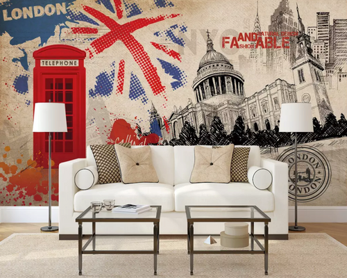 London Landscape, English Flag and Phone Booth Wallpaper | GK Wall Design
