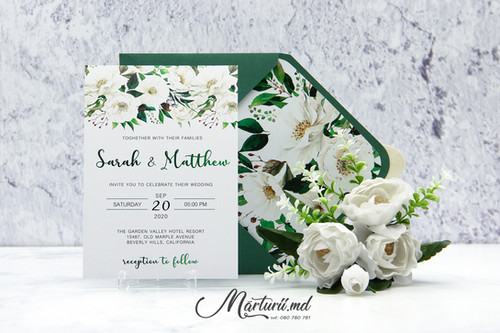 Invitatii de nunta, ieftine, elegante, cu pioni albi cu frunze în plic ...