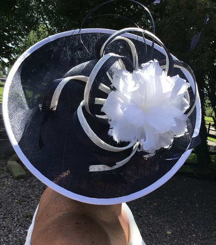 Navy/Ivory and White Hatinator with Flower, Feathers and Ribbon ...