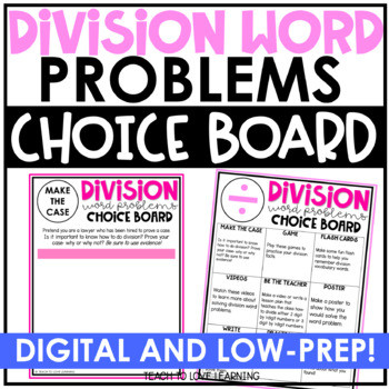 Division Word Problems Digital Choice Board | teachtolovelearning