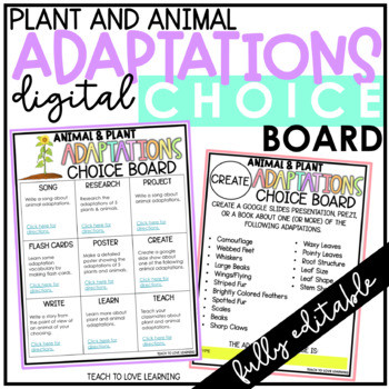 Plant and Animal Adaptations Digital Choice Board┃Science ...