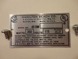 Replacement ID Label for Hamilton Beach 40DM 3 Head Mixer | Malt Mixer Man