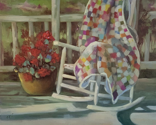art print quilt and rocking chair | Crossroads
