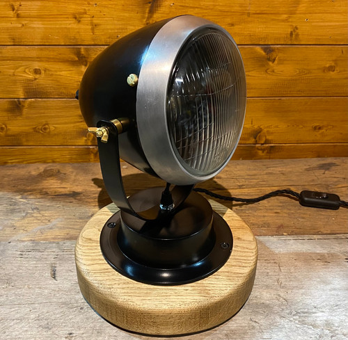 Vintage Motorbike Headlamp Table / Desk Lamp. LED bulb, Solid Oak Base ...