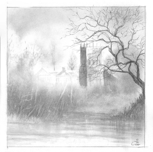 Original Winter Church Scene Graphite Drawing | vic-website-2017