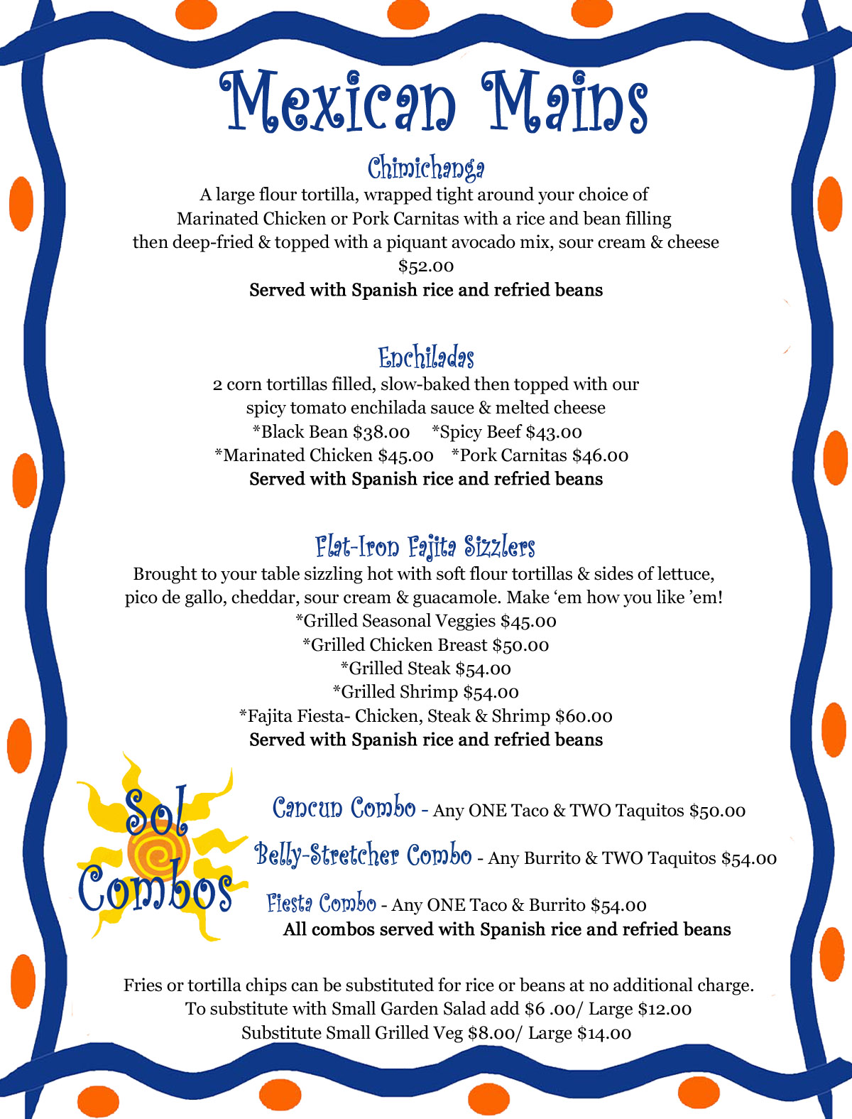 Cafe Sol dinner menu