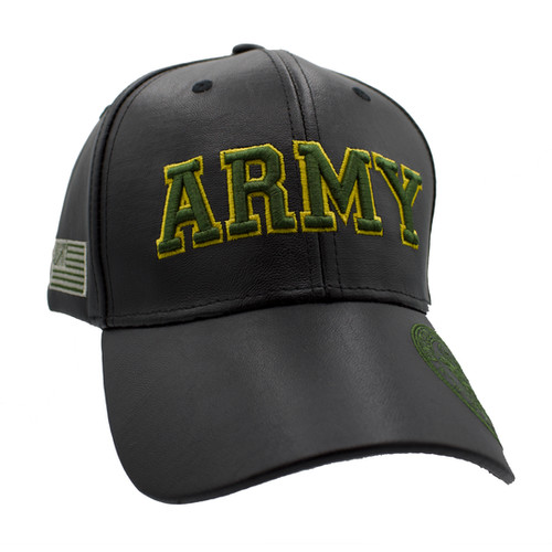 Army Block Letter w/ Emblem PU Leather Cap - Black | Windcatcher