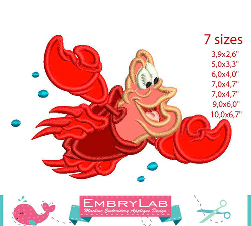 Sebastian Appliqué. The Little Mermaid. Machine Embroidery Applique ...