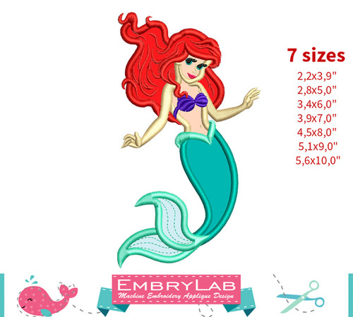 Ariel Appliqué. The Little Mermaid. Machine Embroidery Applique Design ...