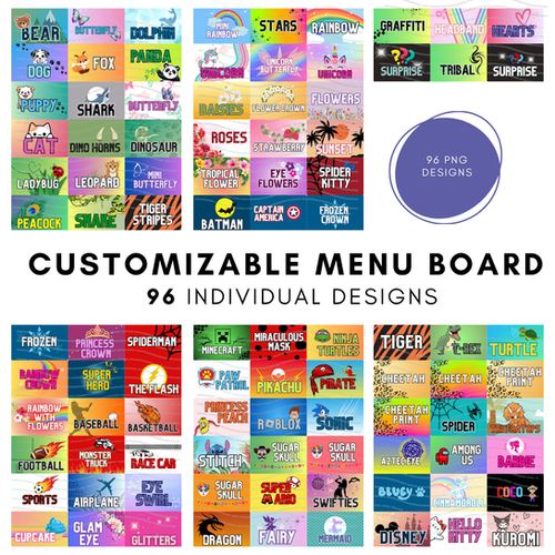 Face Painter Menu Board Kit | 96 PNG Designs - 6x4 Inch | Fiesta Face Paint