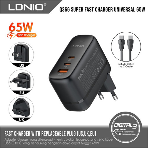 Adapter LDNIO Q366 Universal Kepala Charger Travel 65W GaN Fast Charging PD USB- | Digital 3 Store
