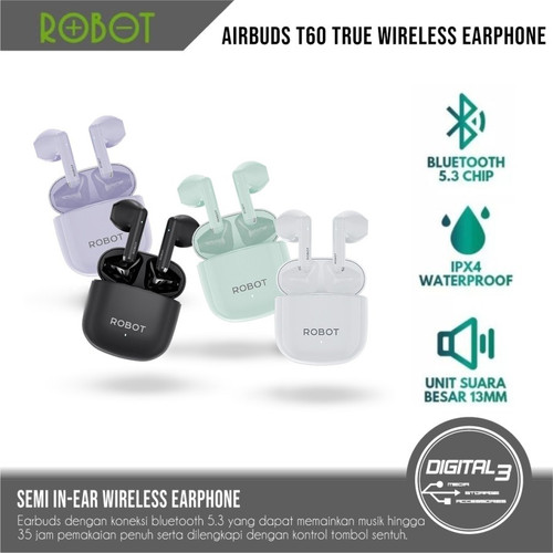 ROBOT Airbuds T60 TWS Earphone Wireless Headset Bluetooth IPX4 Earbuds ...
